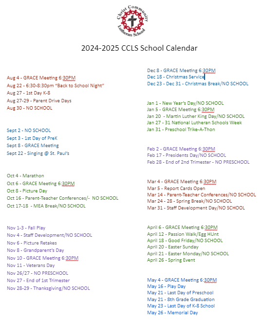 CCLS 2024-25 Annual Calendar — Christ Community