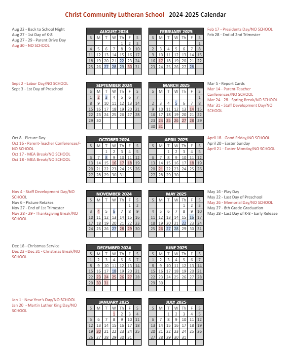 CCLS 2024-25 Annual Calendar — Christ Community