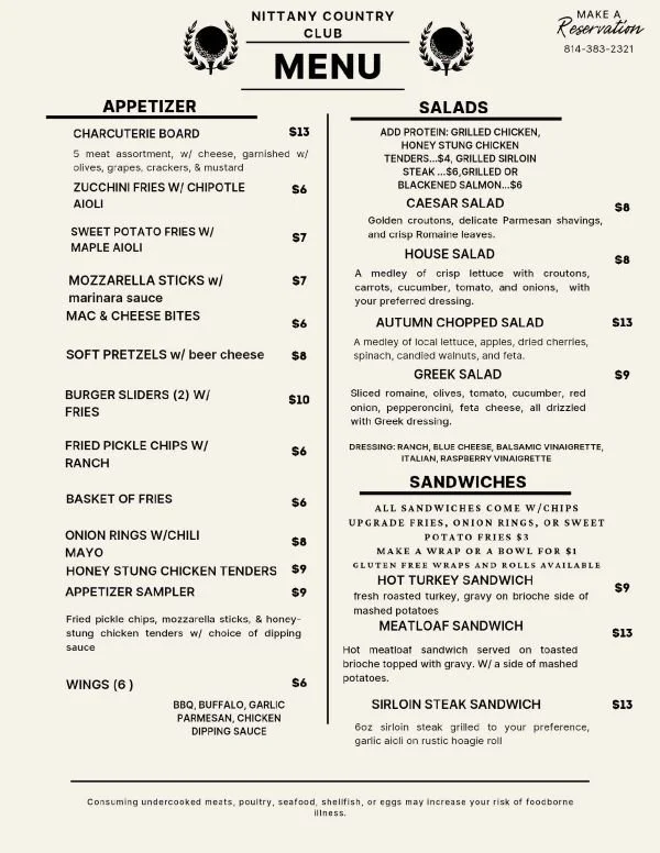 Grill Room Updates, Specials and Menu — Nittany Country Club