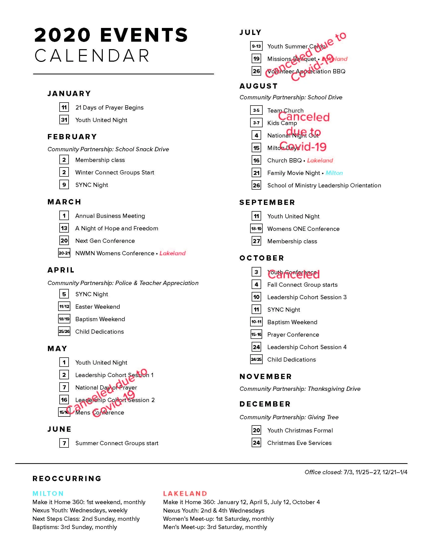 FFC Year Calendar of Events — Faith Family Church