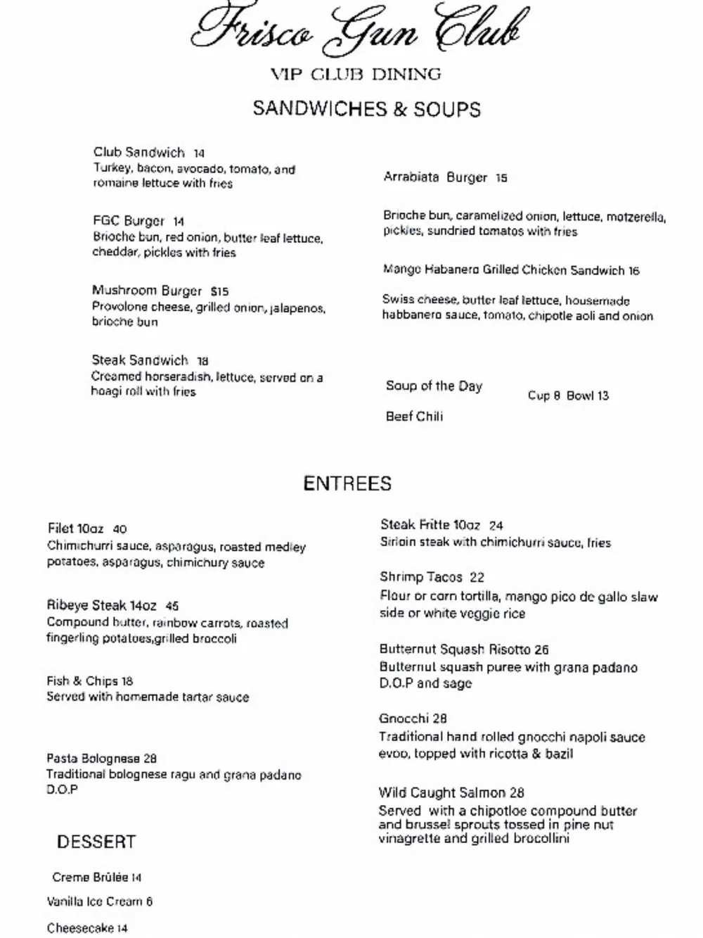 VIP Current Menu — Frisco Gun Club
