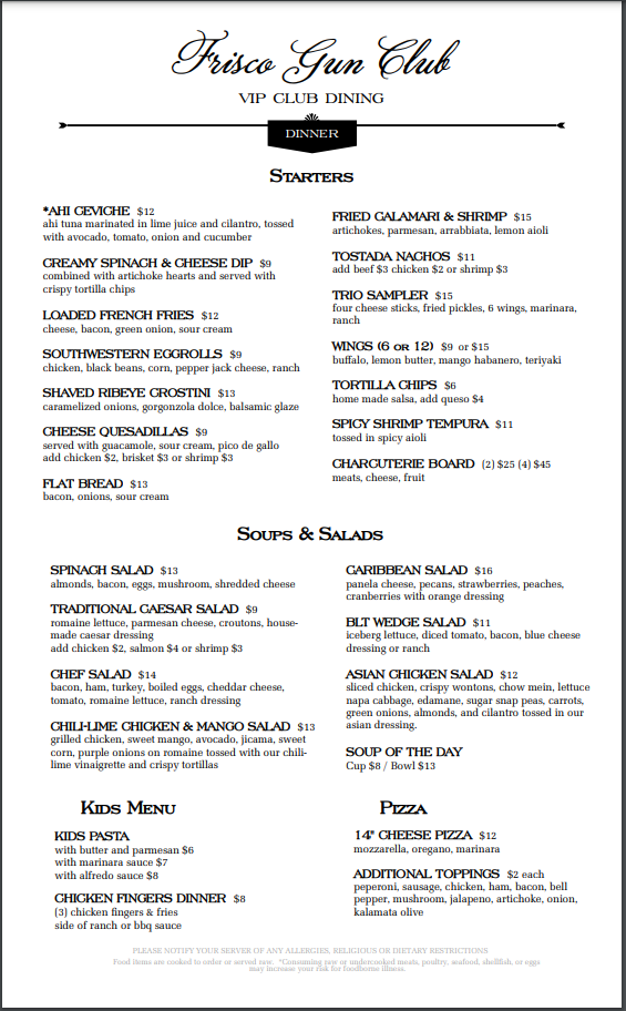 VIP Current Menu — Frisco Gun Club