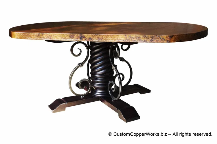 Oval Hammered Copper Dining Table – Wood Base with Hand-Carved Detail ...