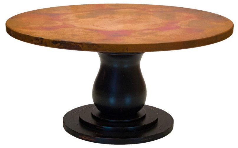 Hammered Copper Top Round Dining Table | Wood Single Pedestal Table ...
