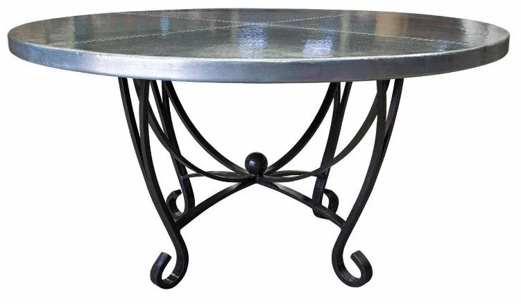Zinc Top Round Dining Table Mounted on Hand-forged, Scrolled Iron Table ...