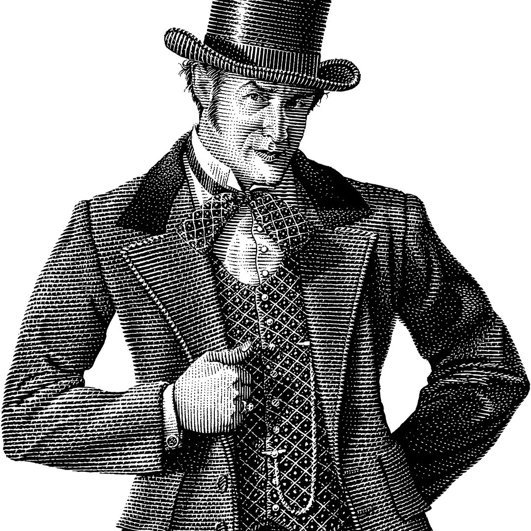 Pen and Ink on white scratchboard of an 1850s gambler. — INKART Studio