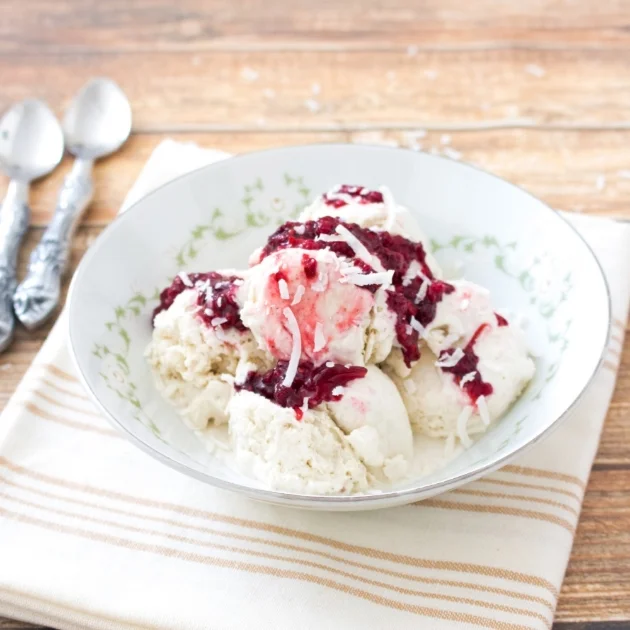 No-Churn, Dairy-Free Coconut Vanilla Ice Cream with Raspberry Sauce ...