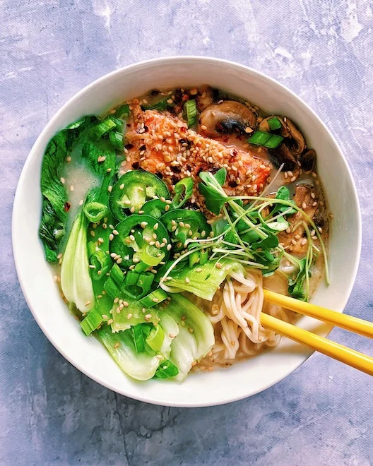 Fried Garlic Chicken Ramen with Sesame Chili Salmon — Kale Me Maybe