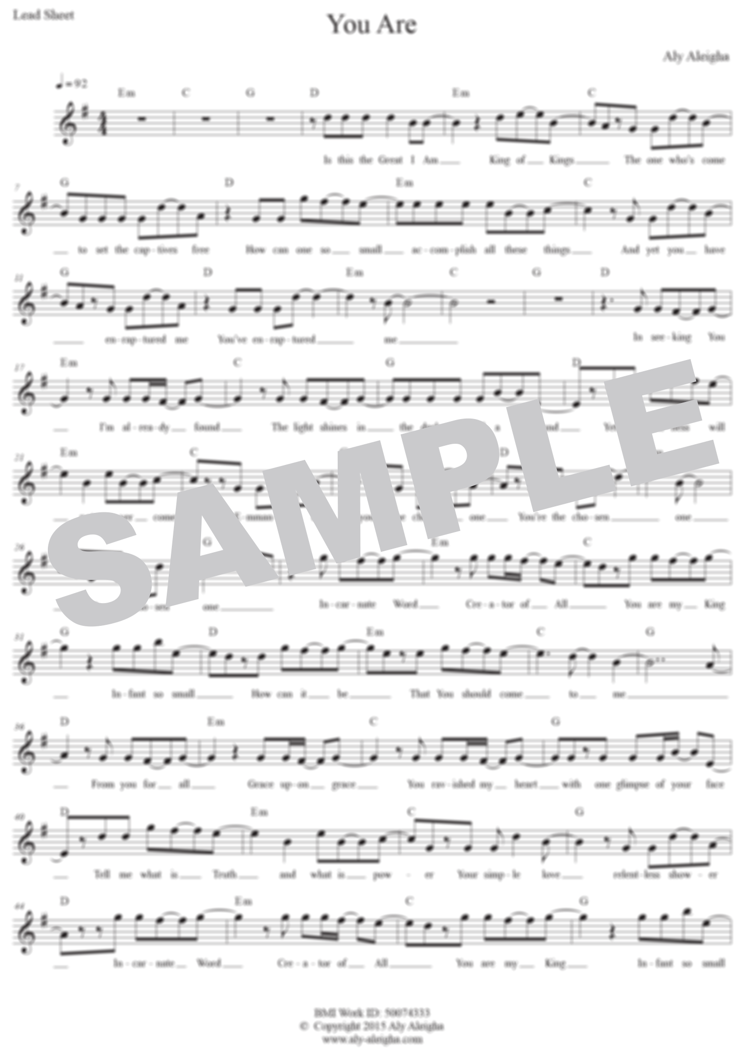 Sheet Music "YOU ARE" (Leadsheet) — ALY ALEIGHA