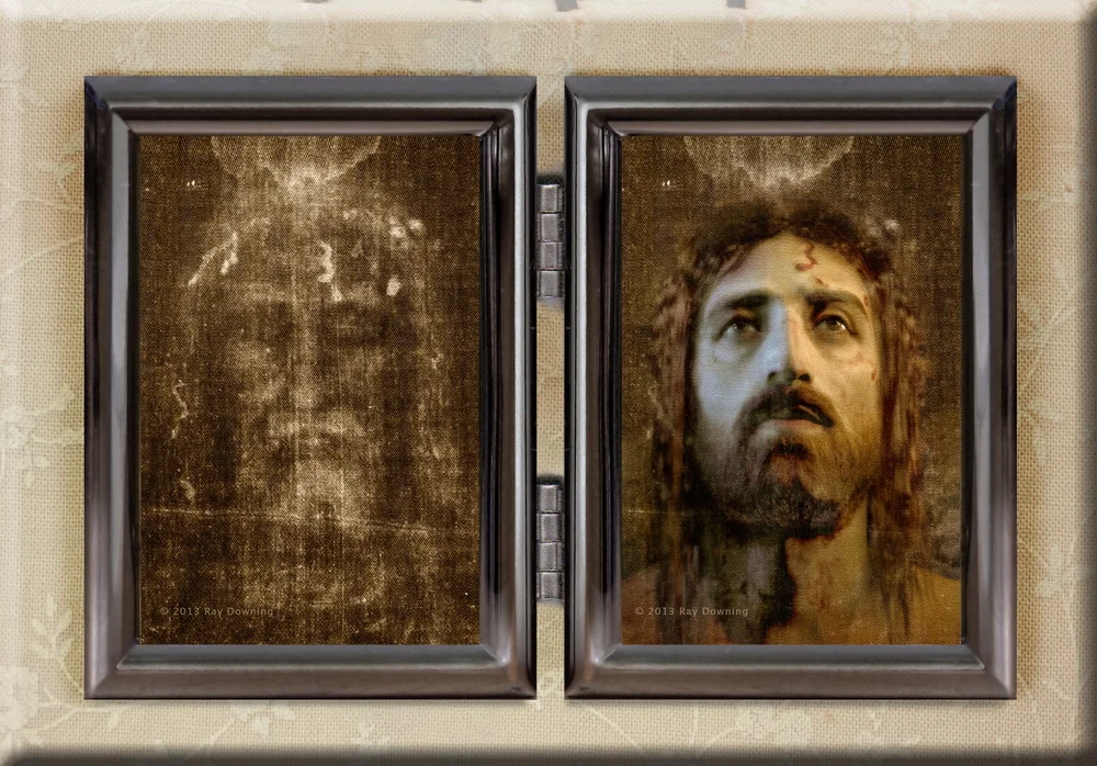 Mini Double Portrait of Jesus and Shroud in Dark Metal Frame — Ray Downing