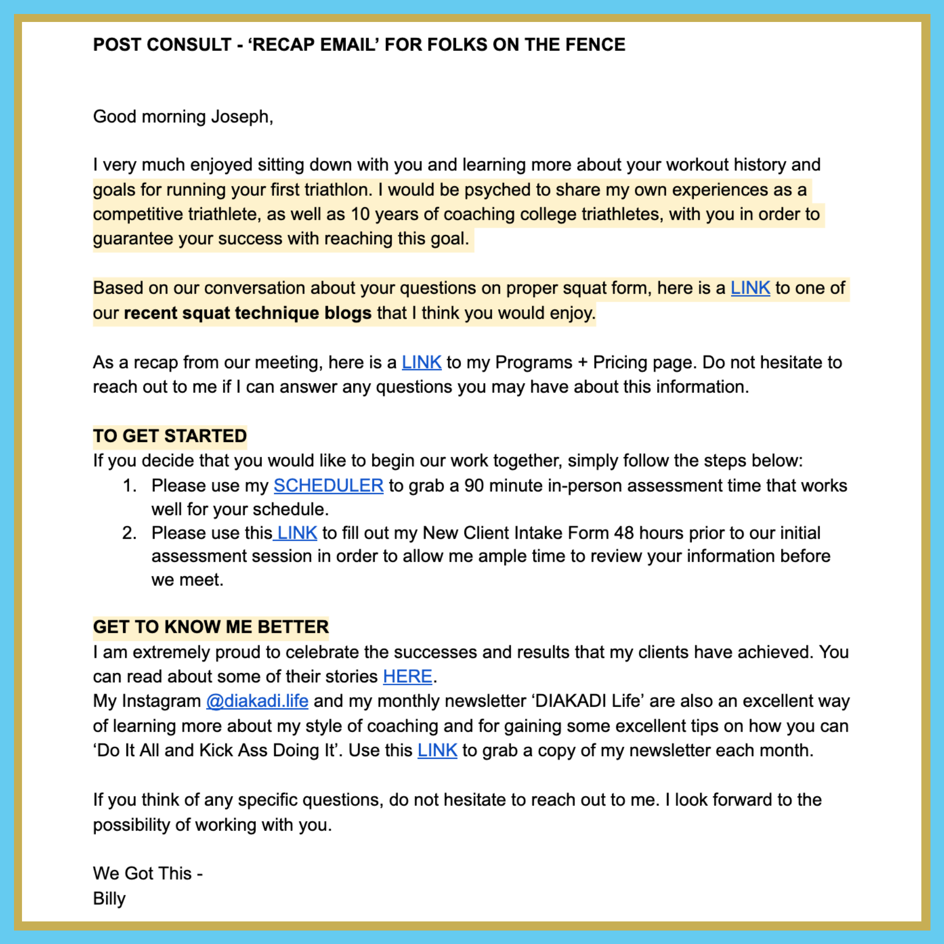 Personal Trainer Business Resources | Post-Consultation Recap Email ...