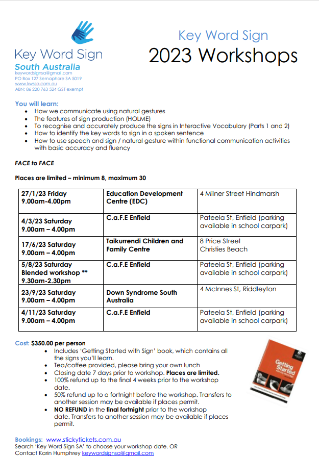 Workshops schedule 2023 — Key Word Sign SA