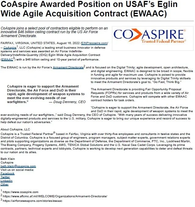 CoAspire Press Release - Awarded Position on USAF's Eglin Wide Agile ...