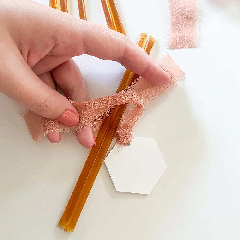DIY Ribbon Tied Honey Stick Favors with Hexagon Tags — Wine & Sprinkles