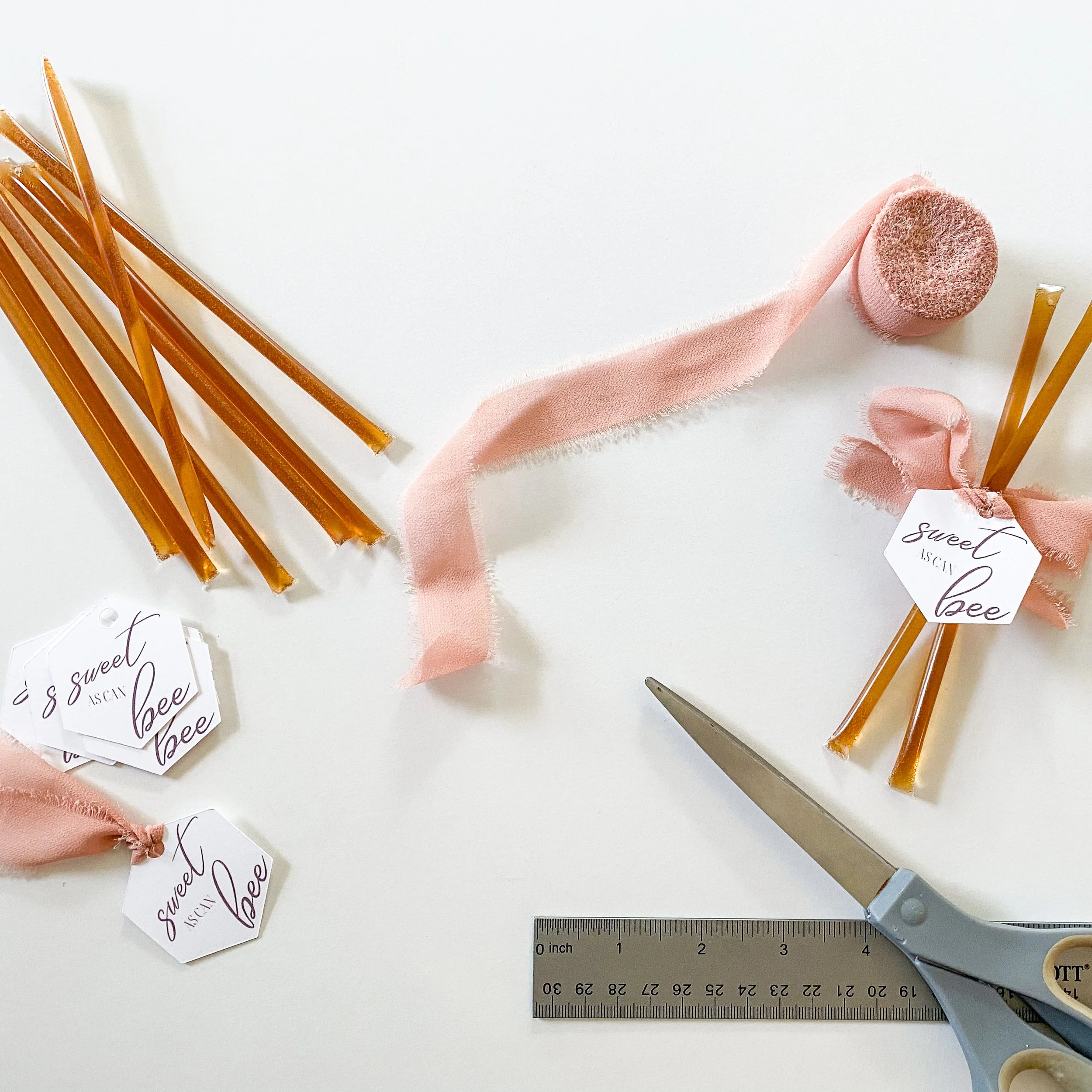 DIY Ribbon Tied Honey Stick Favors with Hexagon Tags — Wine & Sprinkles