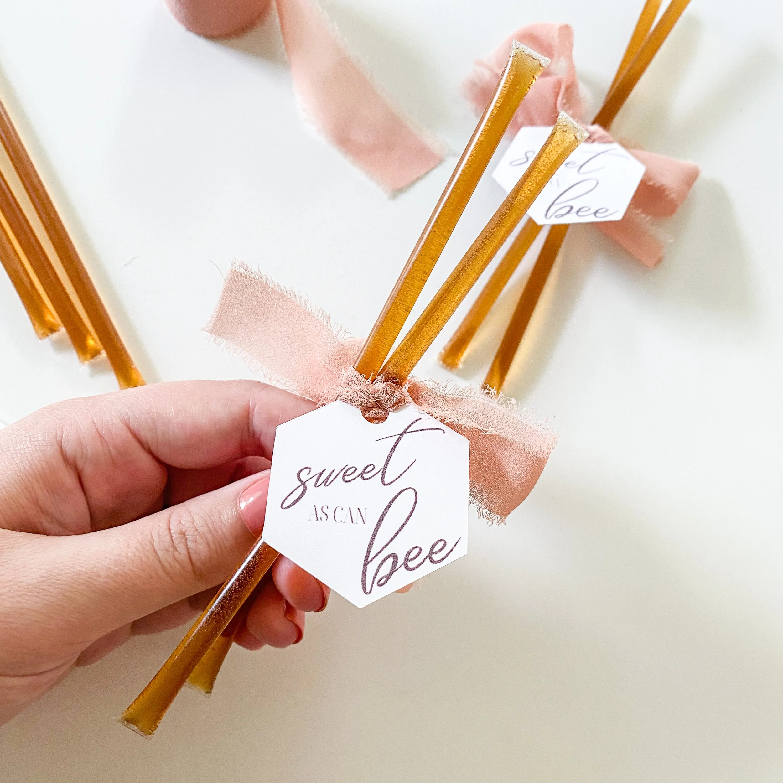 DIY Ribbon Tied Honey Stick Favors with Hexagon Tags — Wine & Sprinkles