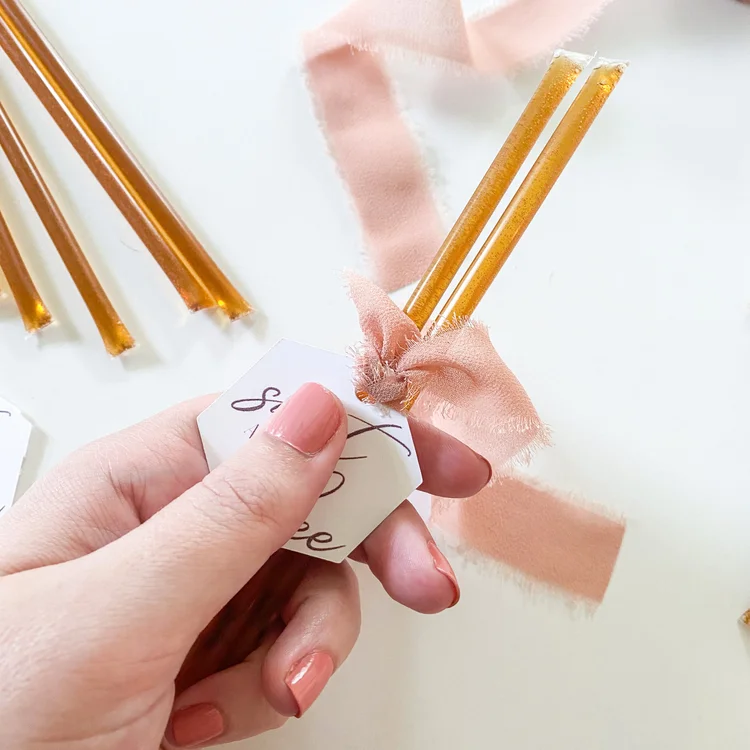 DIY Ribbon Tied Honey Stick Favors with Hexagon Tags — Wine & Sprinkles
