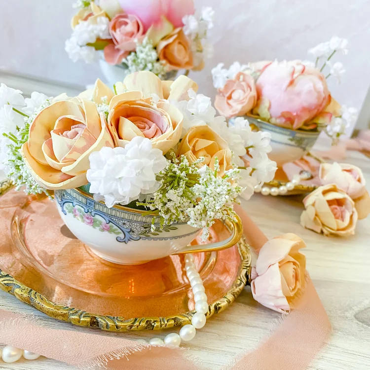 DIY Silk & Wooden Flower Tea Cup Centerpieces — Wine & Sprinkles