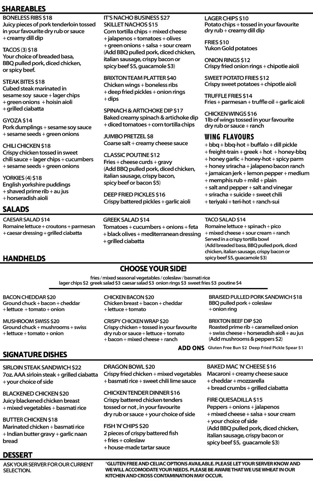 Main Menu — Brixton Pub