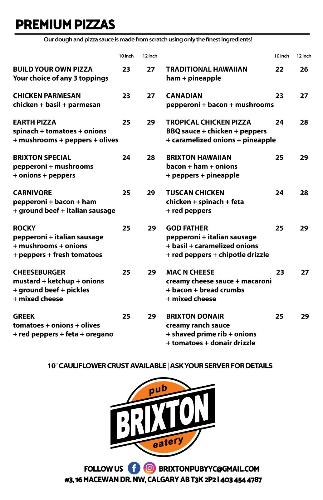 Main Menu — Brixton Pub