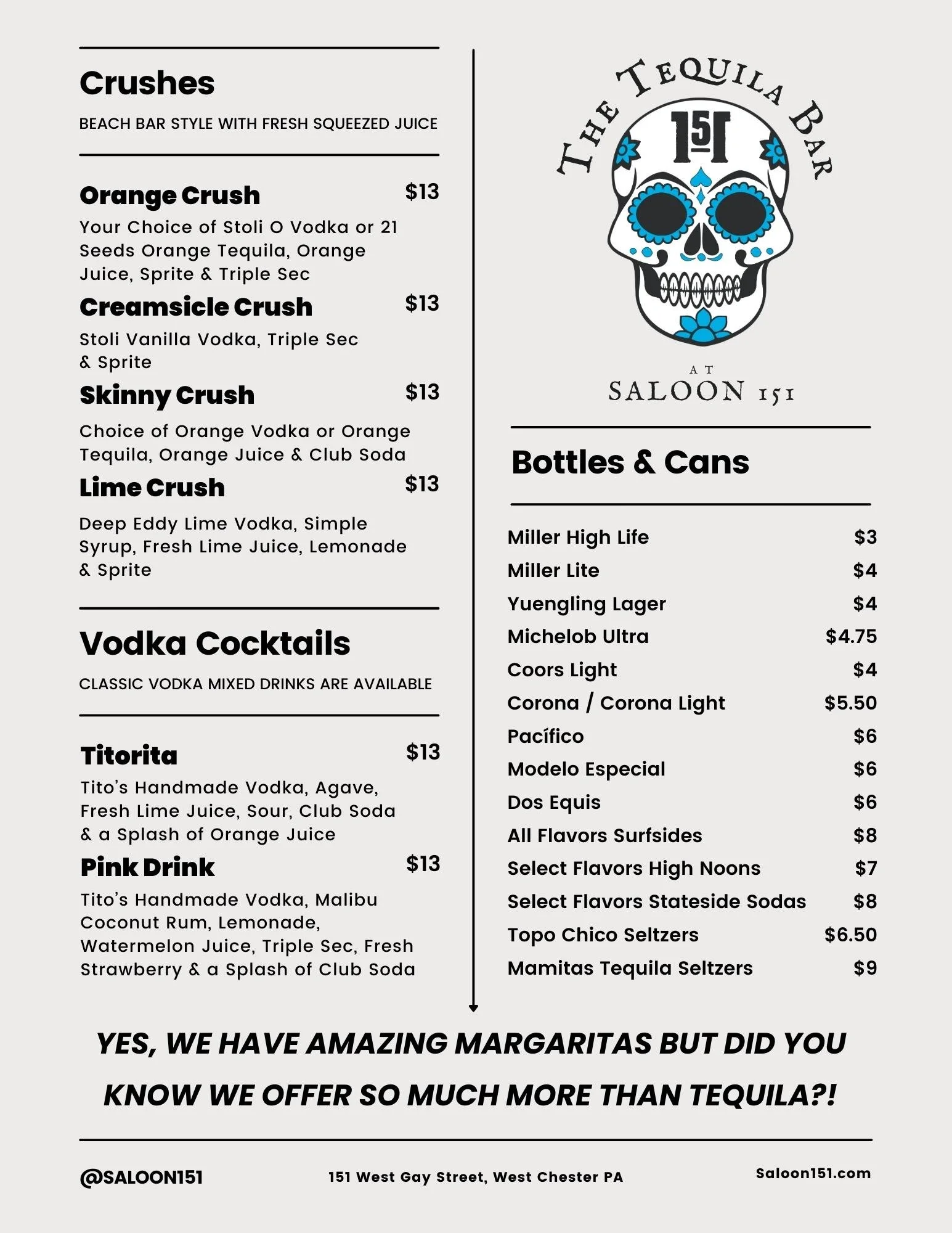 West Chester Restaurant - Saloon 151 Whiskey Bar & Grill - The Tequila ...