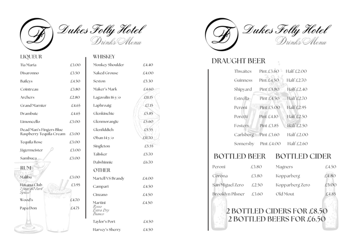 The Menus — Dukes Folly Hotel