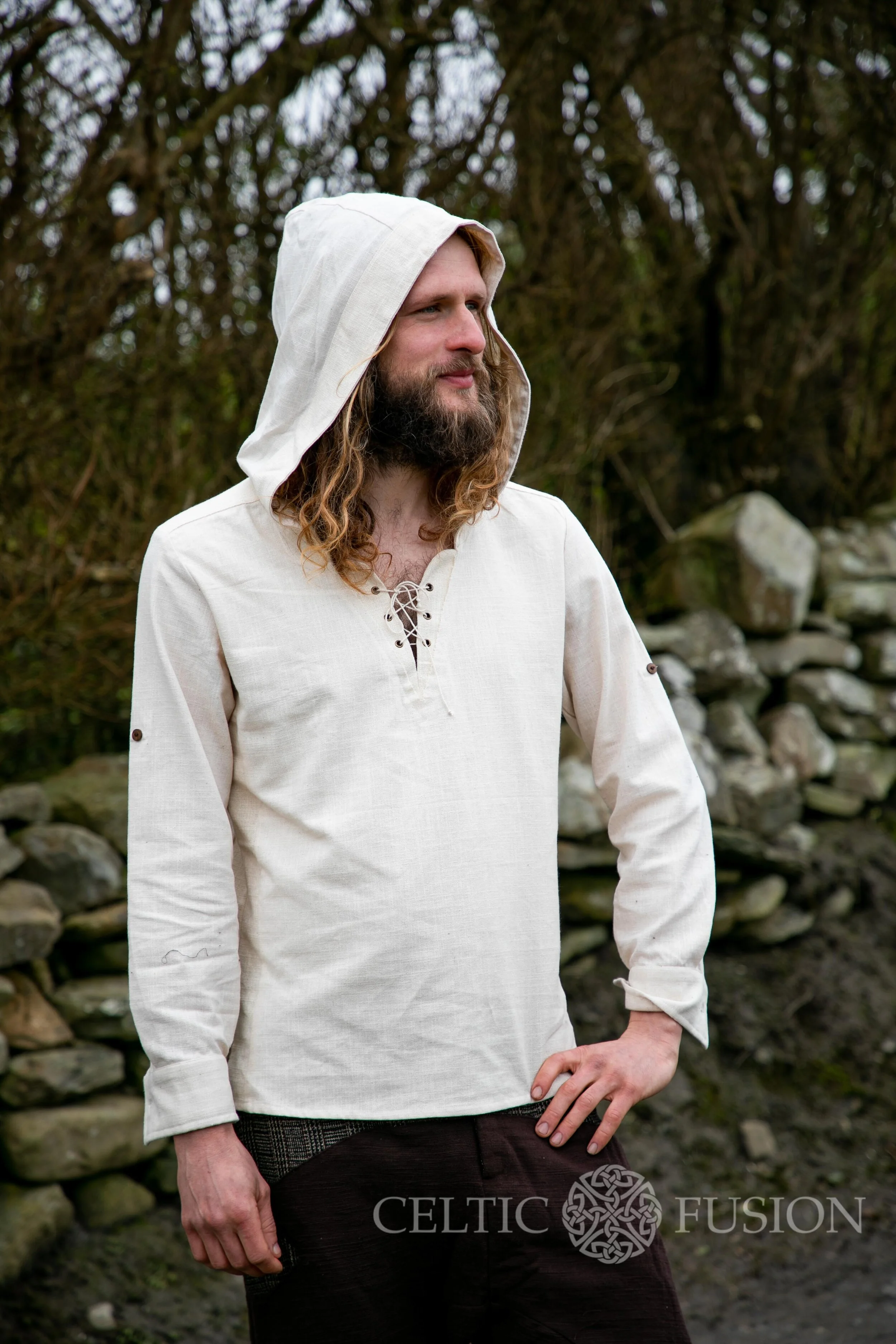 White hooded shirt, mens Viking Tunic — Celtic Fusion ~ Folklore Clothing