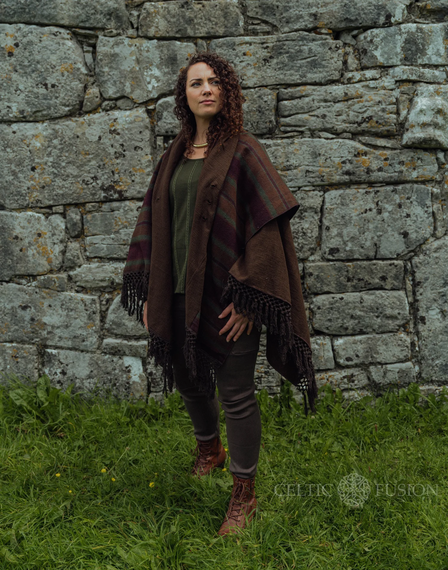 Tweed Green and Pink Poncho — Celtic Fusion ~ Folklore Clothing