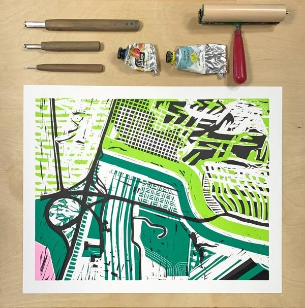 Abstract Aerial Landscape Art - Linocut Print Series — Linocut Artist ...