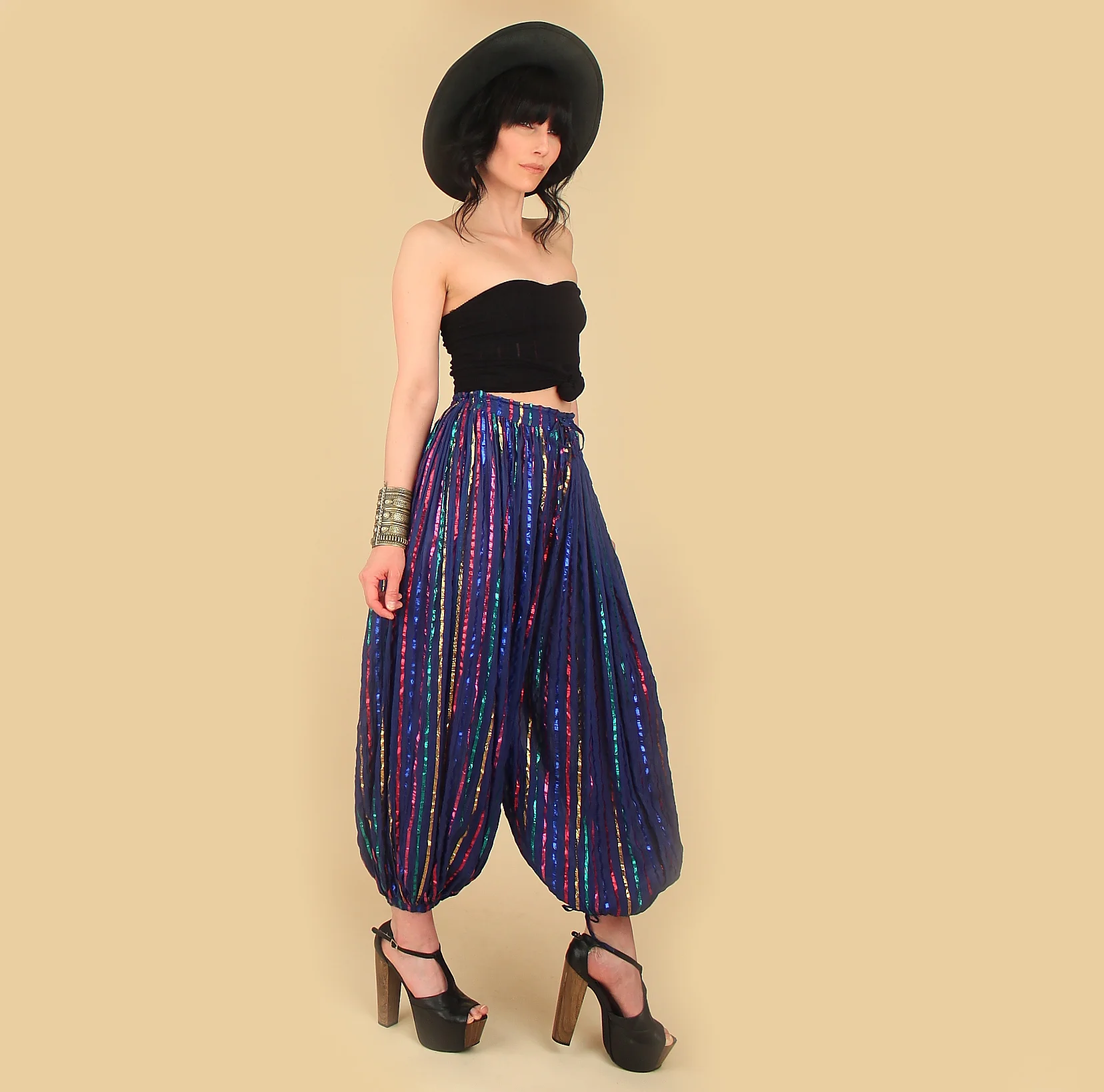 ViNtAgE 70s Indian Cotton High Waisted Pants // Blue Gold Metallic ...