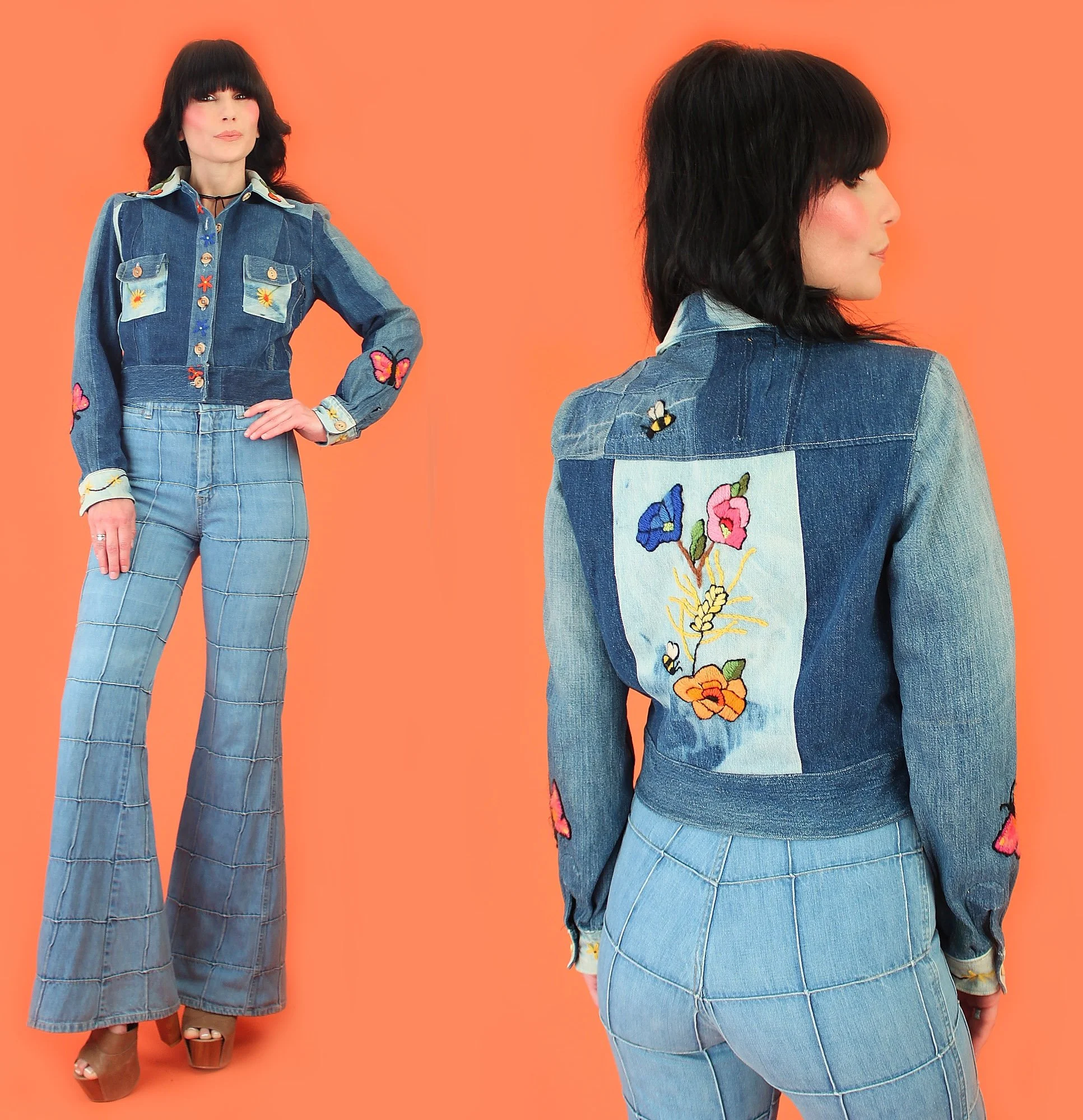 Vintage 70's Denim Butterfly Jacket + Leather Patchwork — Hellhound Vintage