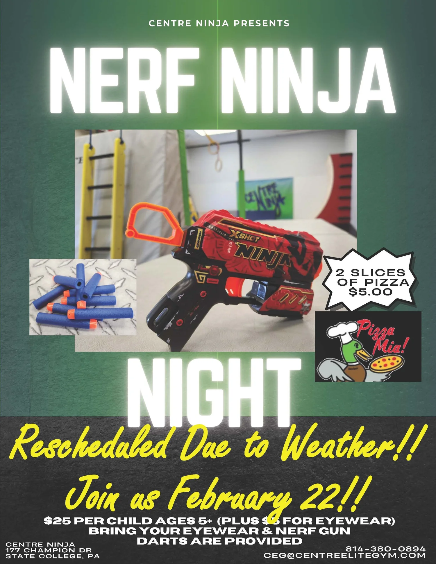 Feb. 15 Nerf Ninja Postponed Due to Weather — Centre Elite Gymnastics