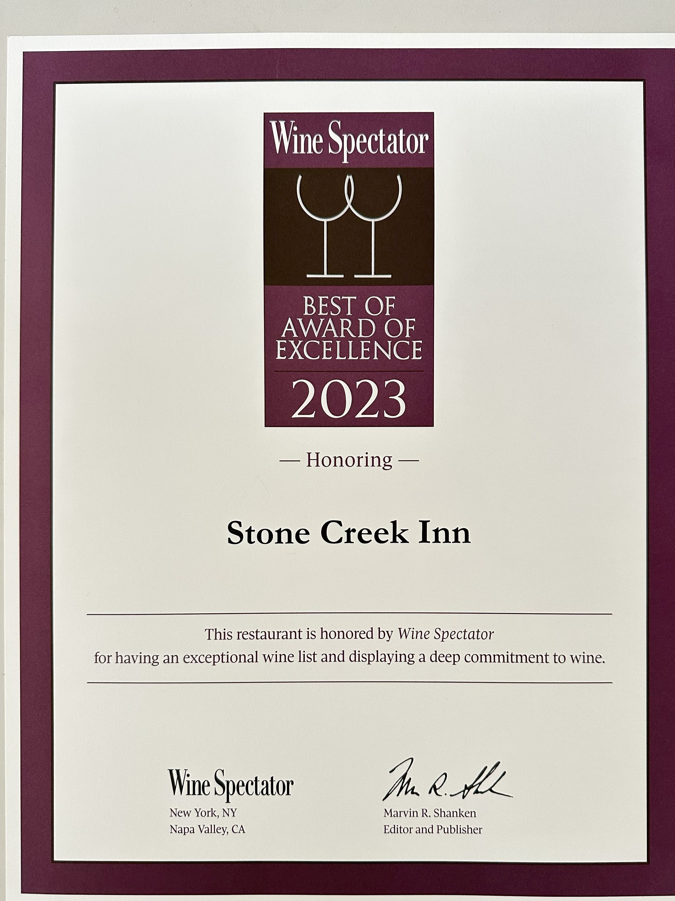 Menus — Stone Creek Inn