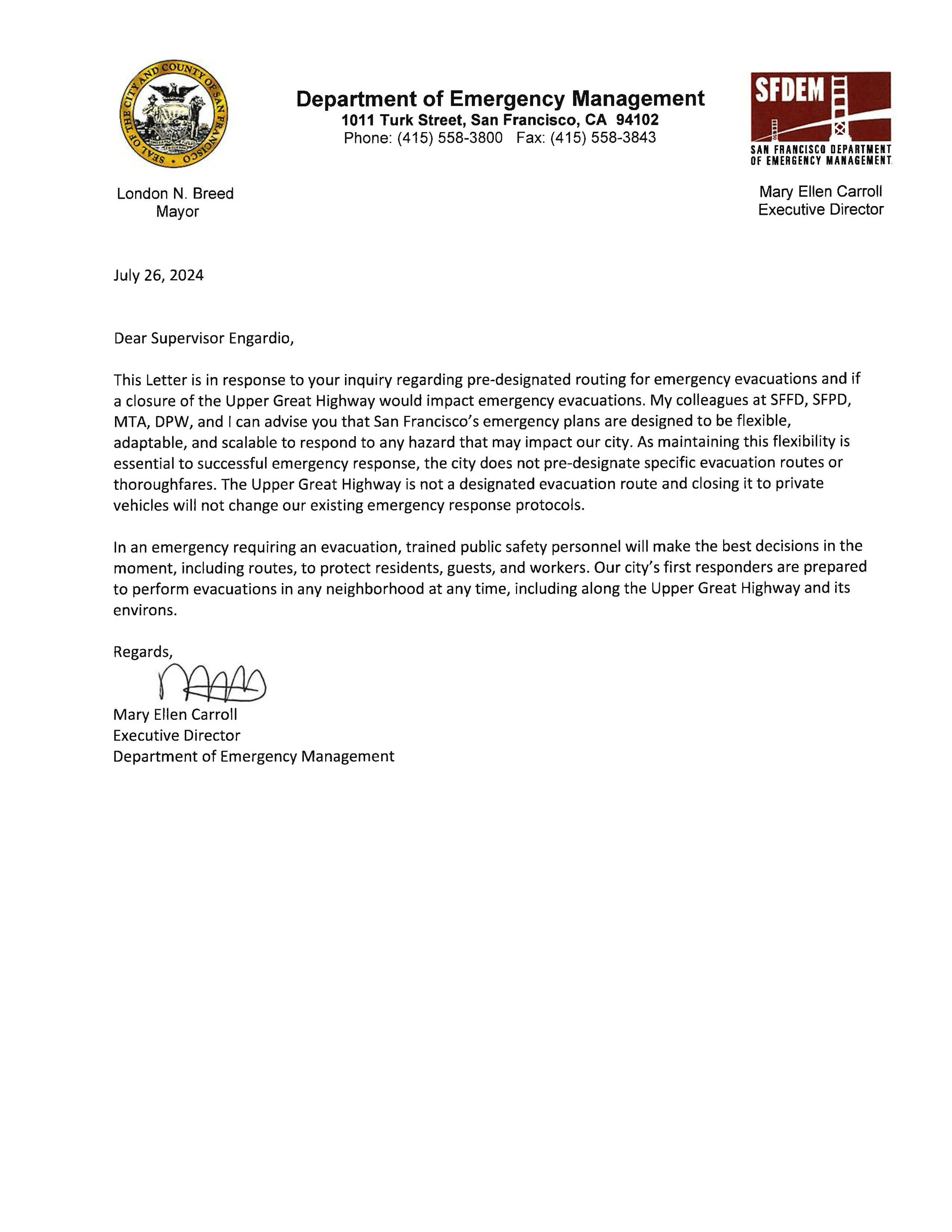 DEM letter evacuation routes