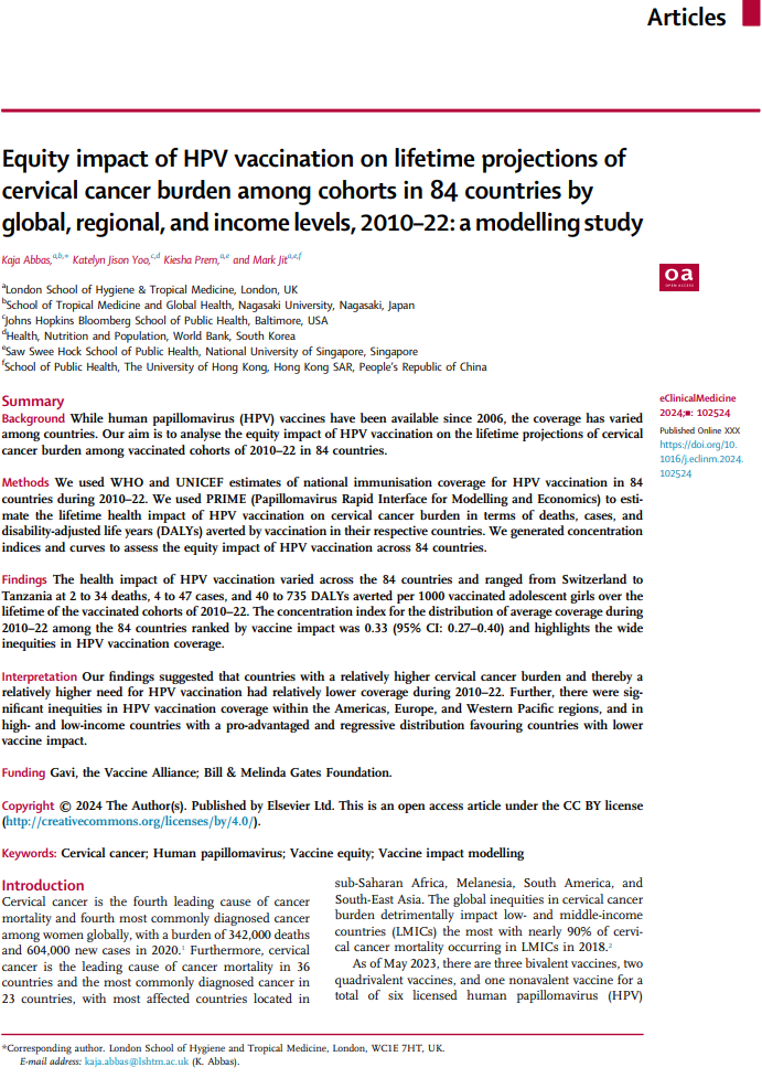 New modeling study on the equity impact of HPV vaccination on lifetime projections of cervical ...