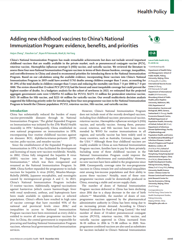 Adding new childhood vaccines to China's National Immunization Program: evidence, benefits, and ...