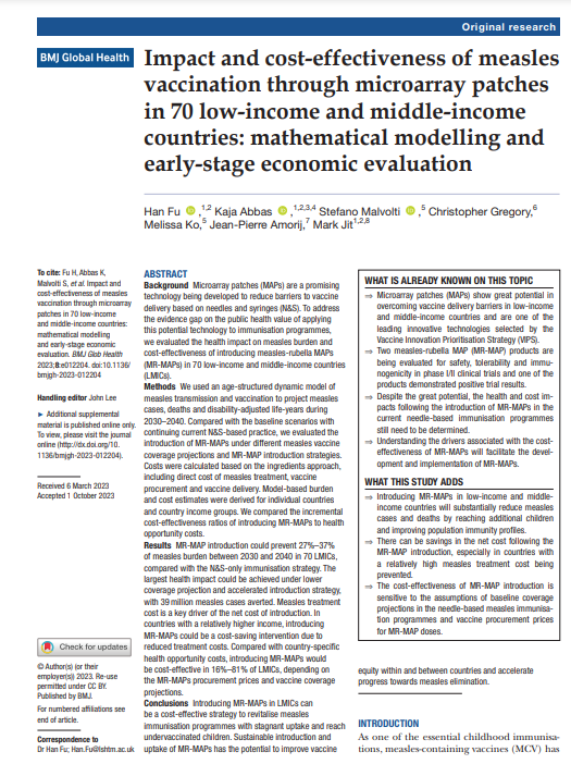 Delivering measles vaccination through microarray patches in low-income and middle-income ...