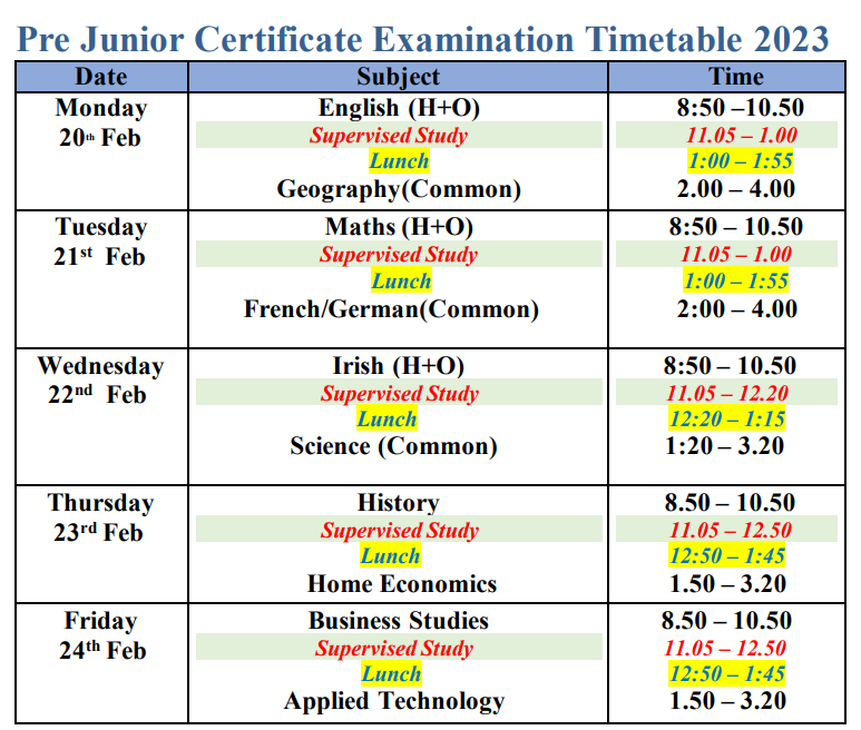 Pre-Junior Cycle Exam Timetable 2023 — Sacred Heart Secondary School