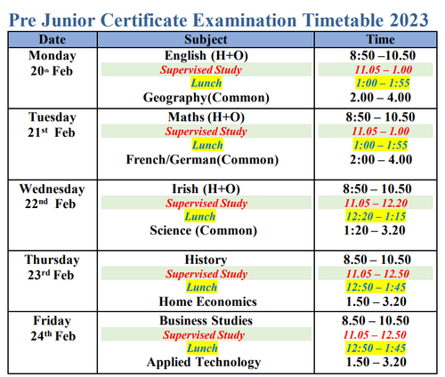 Pre-Junior Cycle Exam Timetable 2023 — Sacred Heart Secondary School