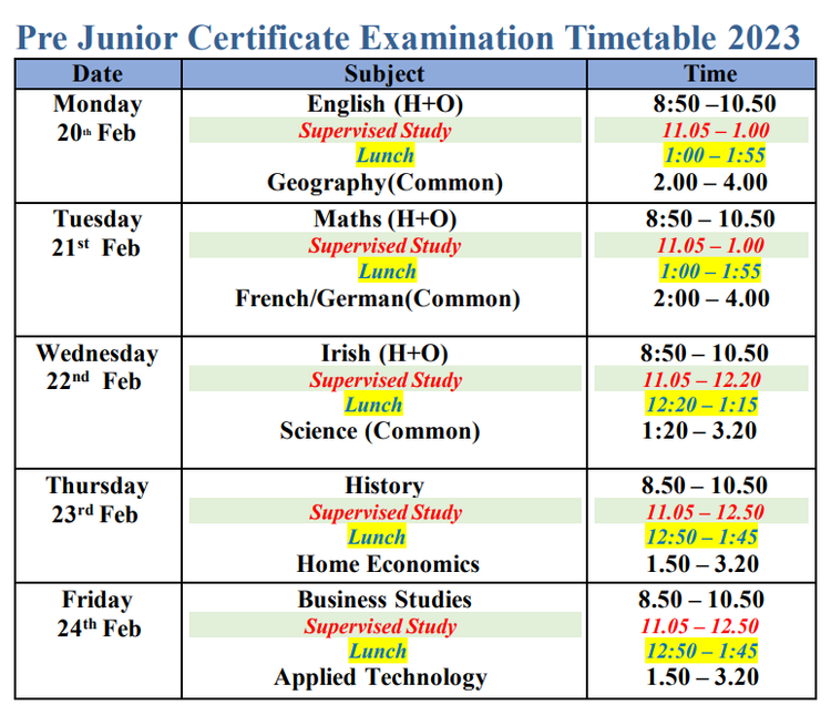 Pre-Junior Cycle Exam Timetable 2023 — Sacred Heart Secondary School