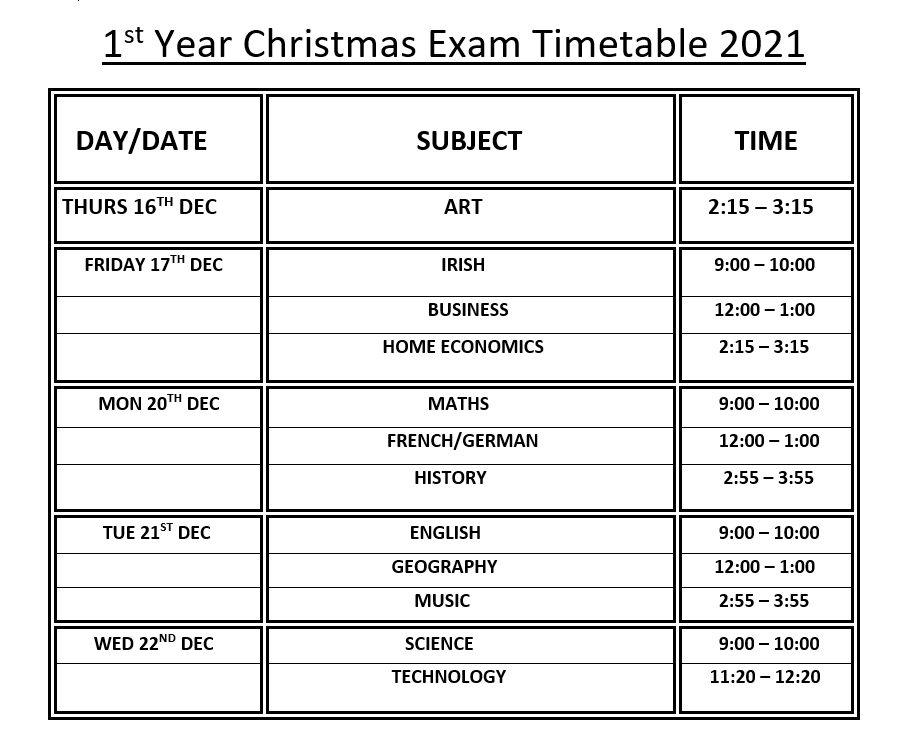 1st And 2nd Year Christmas Exam Timetable Sacred Heart Secondary School