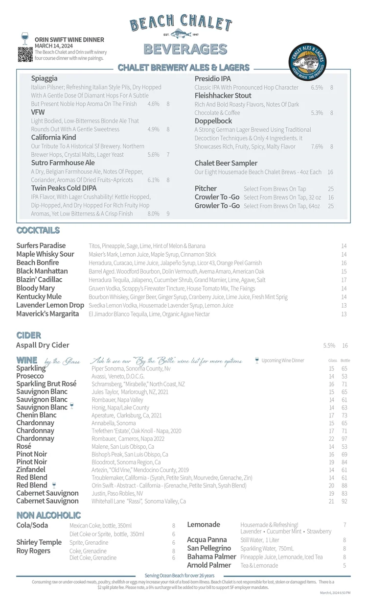Beverage — Beach Chalet San Francisco's Best Ocean View Restaurant and ...