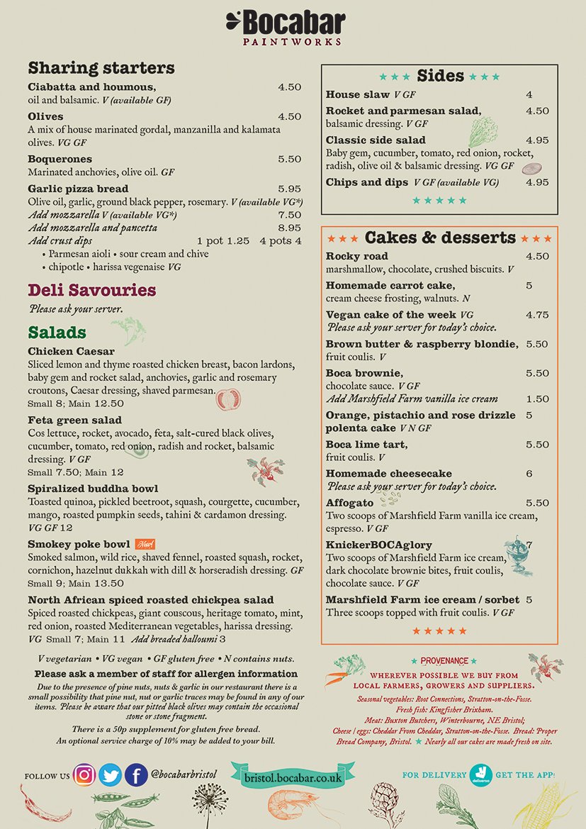 Menu overview — Bocabar Bristol