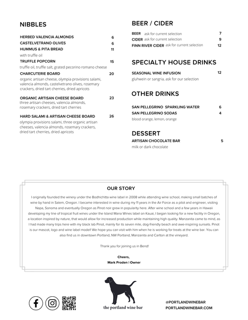 Wine and Food Menu | Portland Wine Bar - Local Oregon & Washington Wines