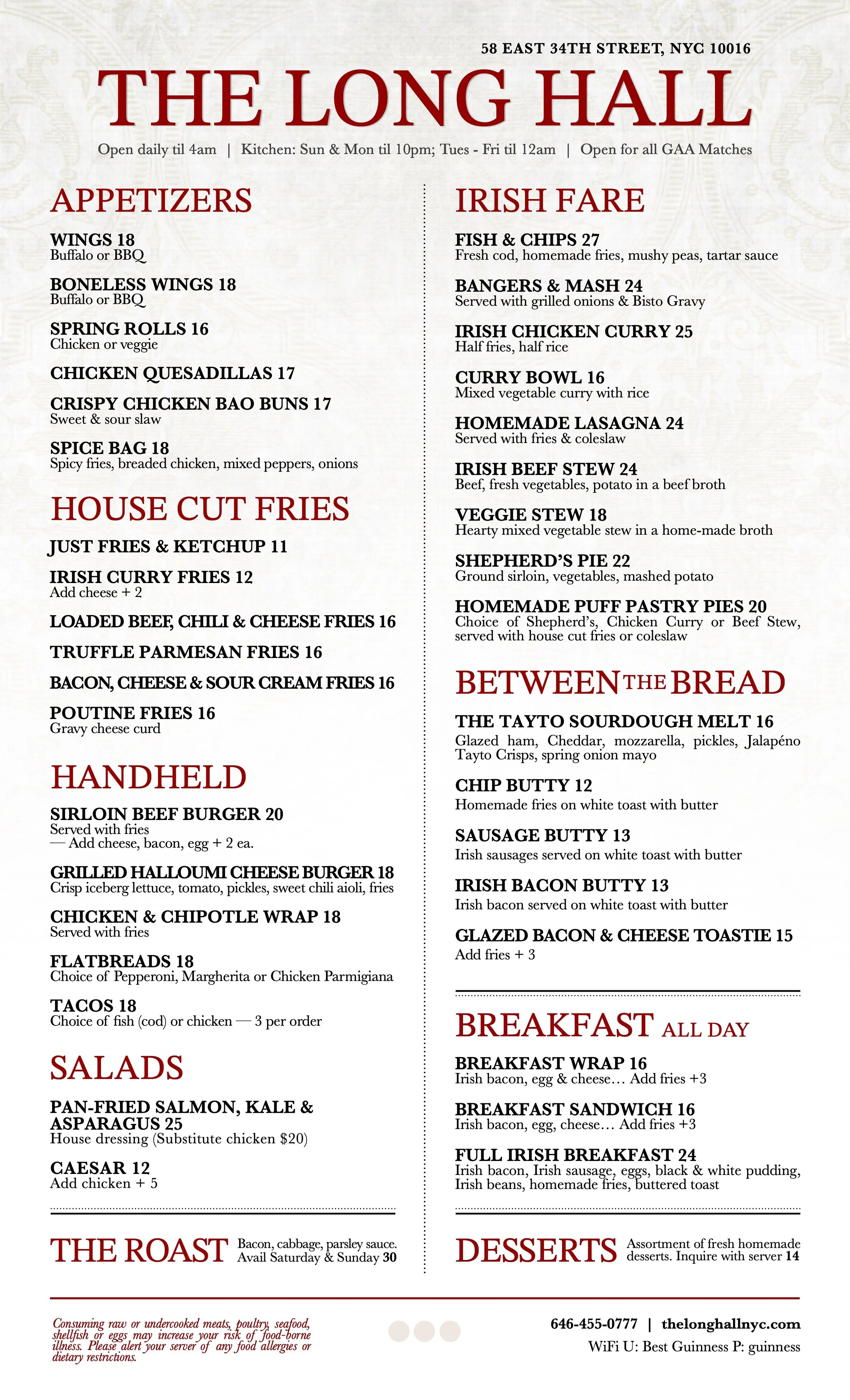 MAIN MENU — The LONG HALL PUB & GROCERY