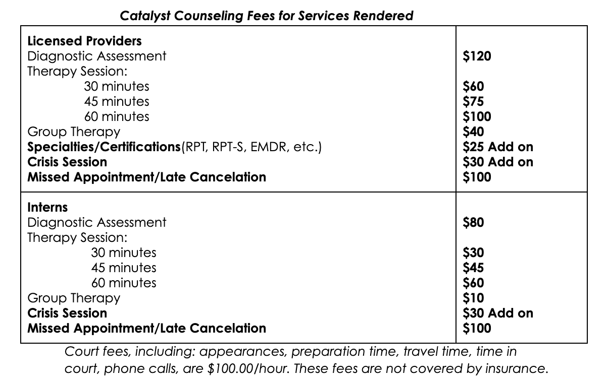 Rates & Fees — Catalyst Counseling, LLC
