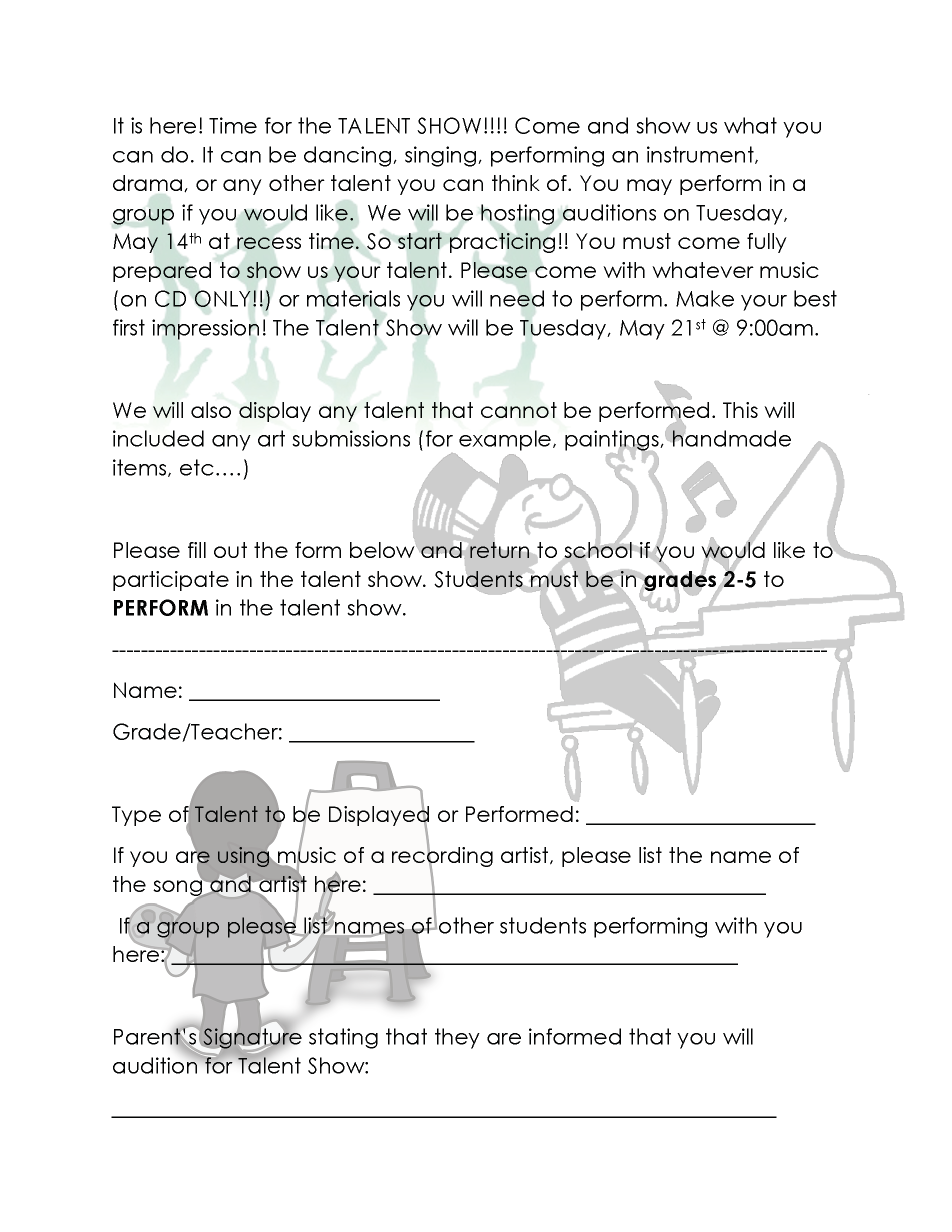 Talent Show Sign Up Sheet