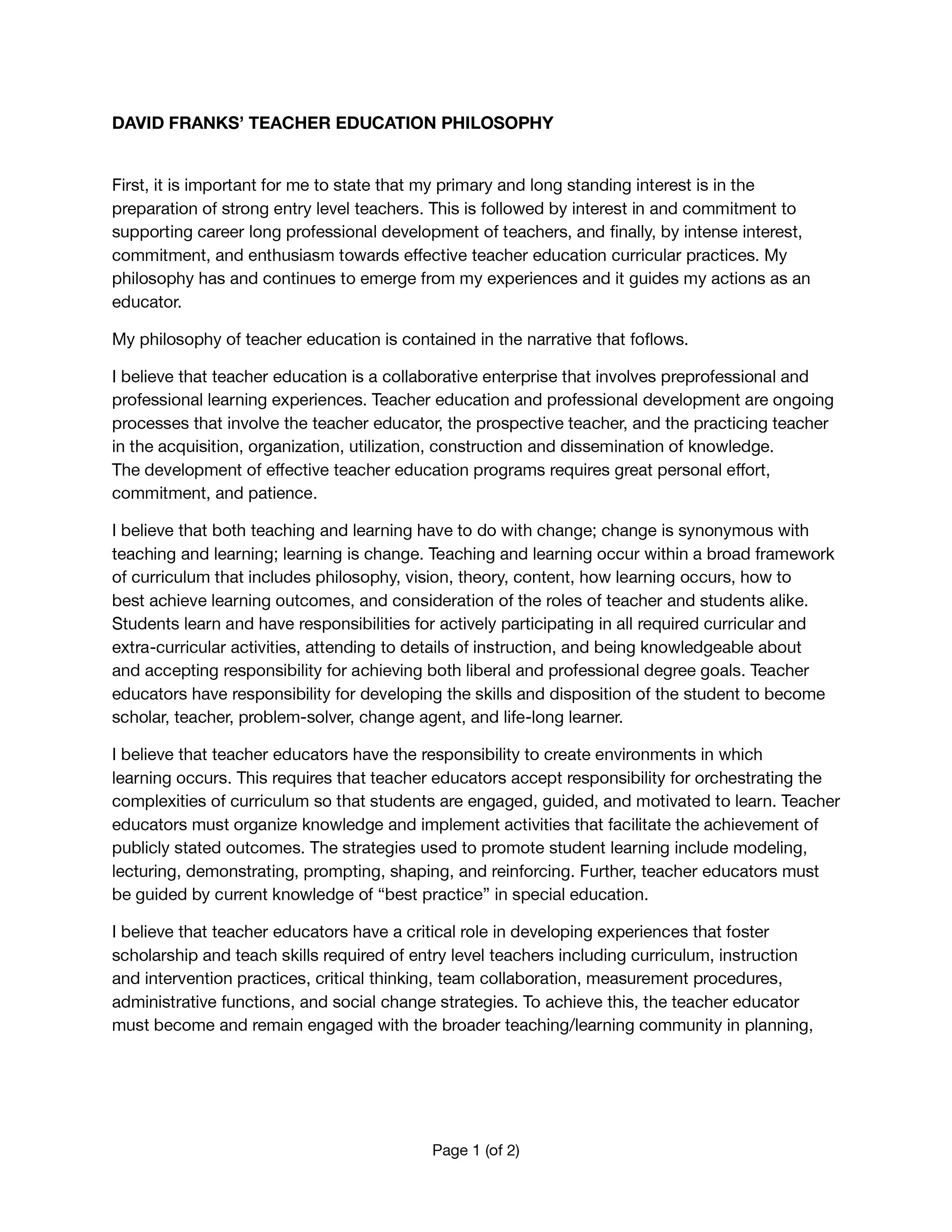 My ECSE Teaching Philosophy & Practice — David J. Franks, Ph.D.
