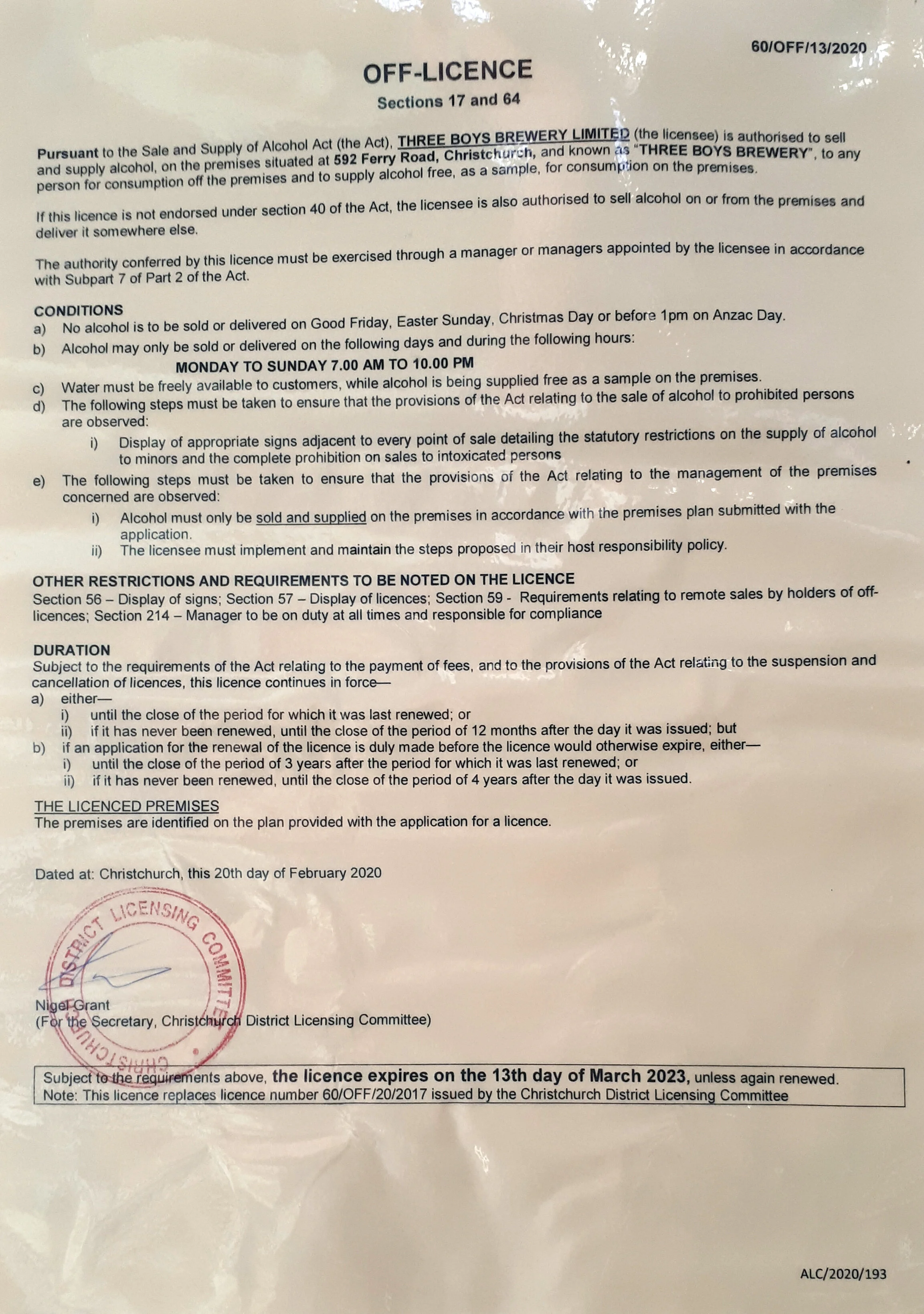 Licence — Three Boys Brewery