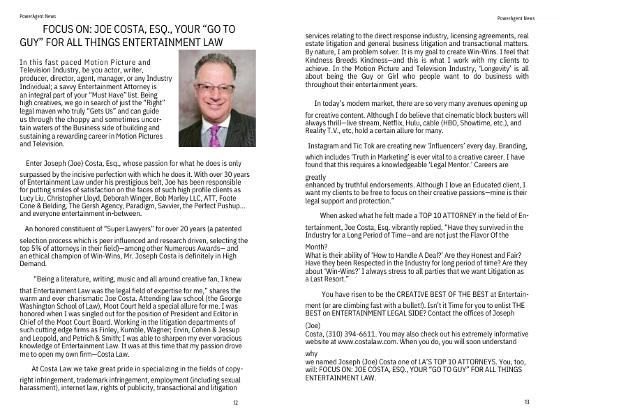 2022 Joseph Costa Selected as LA’s Top 10 Attorneys by Power Agent Directory. — CostaLaw